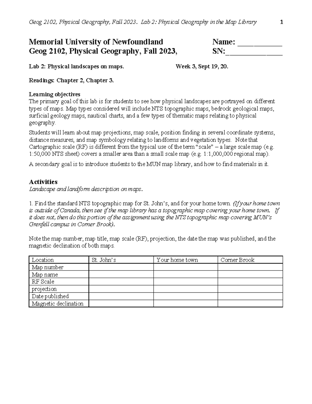 Geog 2102 Lab 2 F2020 - Memorial University of Newfoundland Name ...