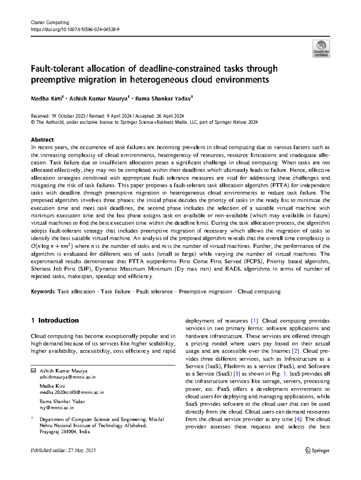 Fault Tolerant Allocation Of Deadline Constrained Tasks Through In