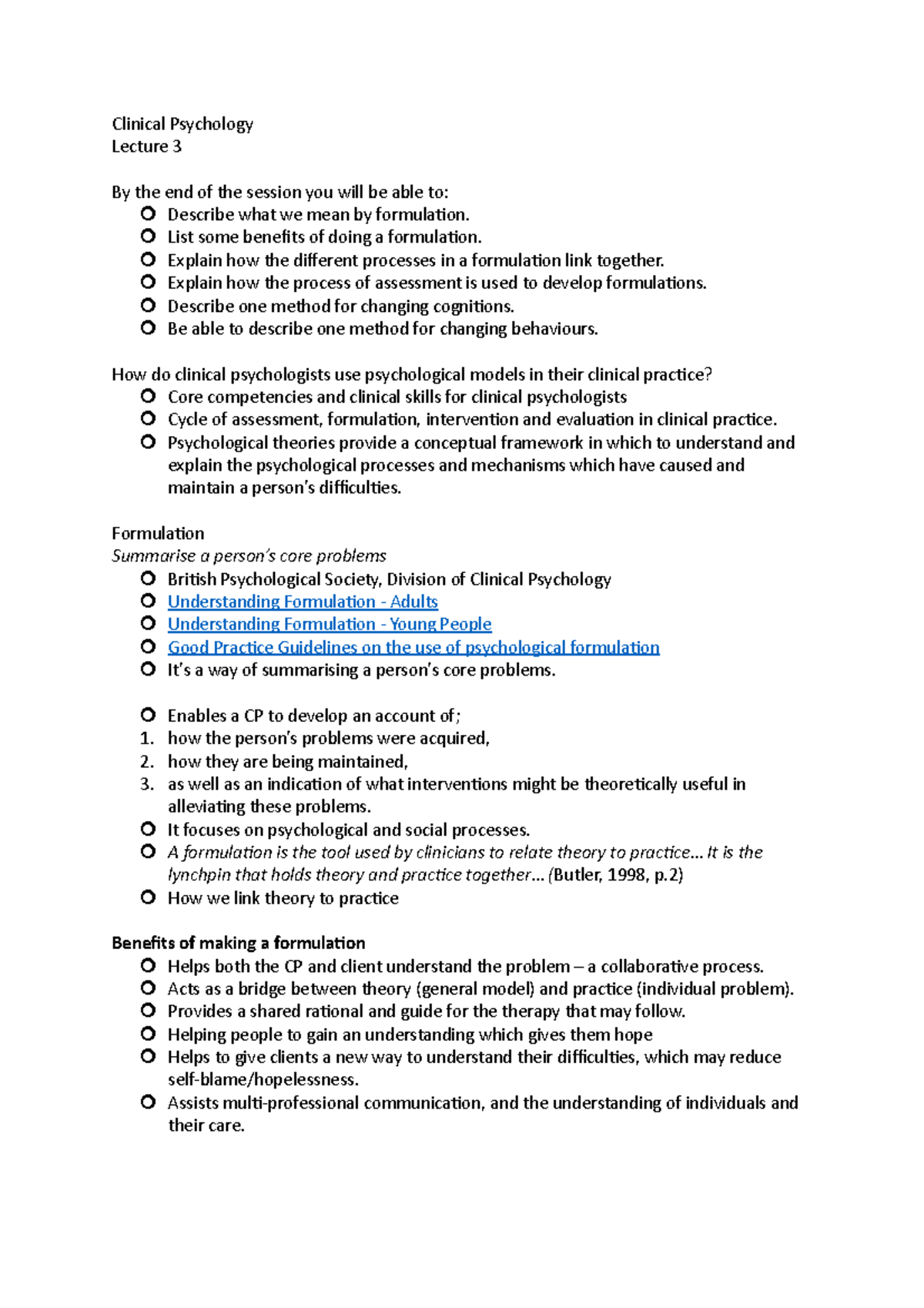 Clinical Lecture 3- Formulation - Clinical Psychology Lecture 3 By the ...