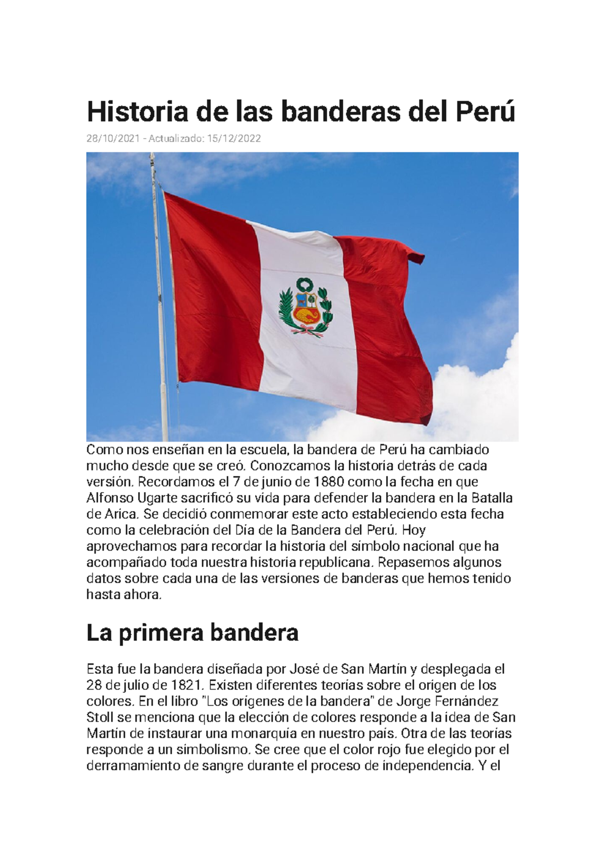 La primera bandera 28 de julio de 1821 - Historia de las banderas del ...