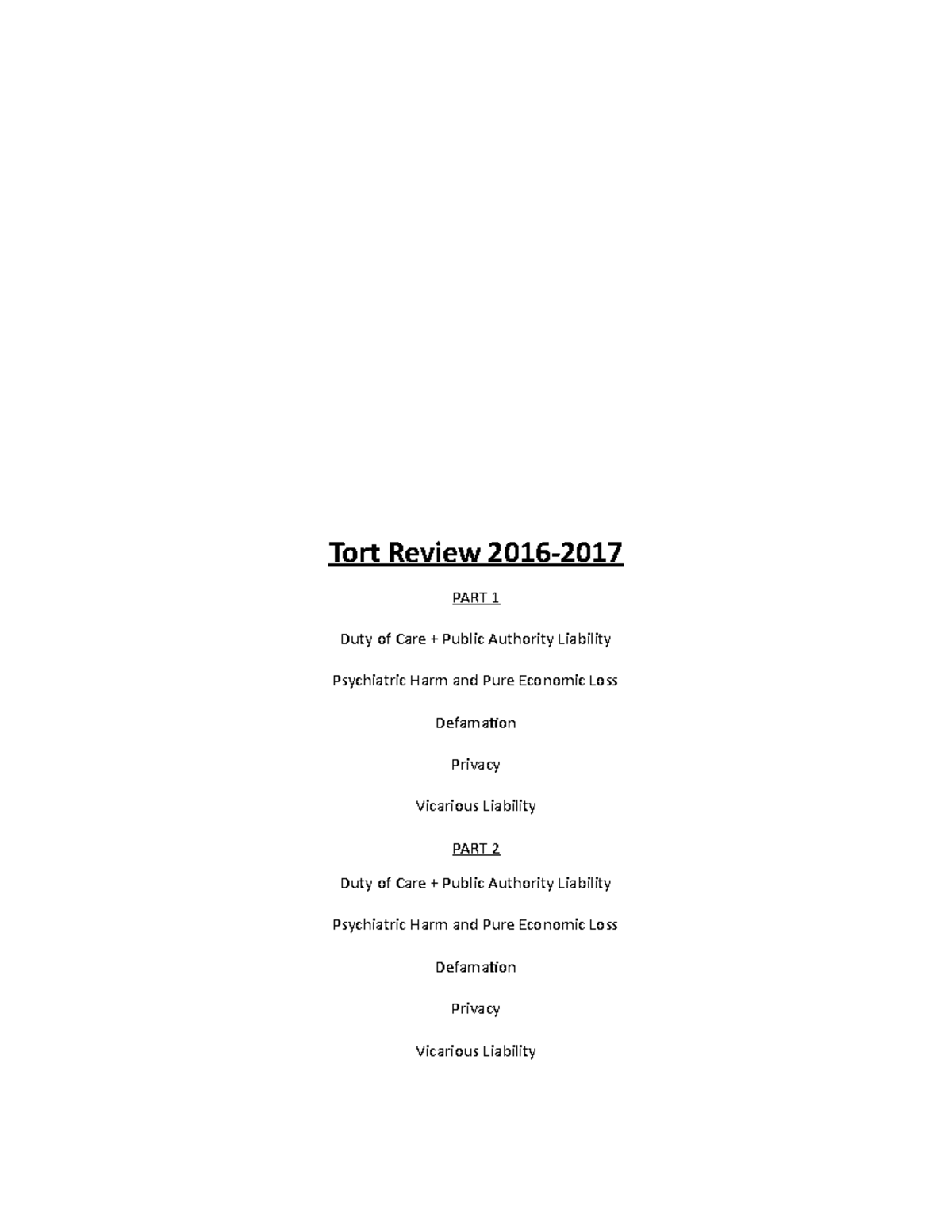 exam guide for tort law - Tort Review 2016- PART 1 Duty of Care ...