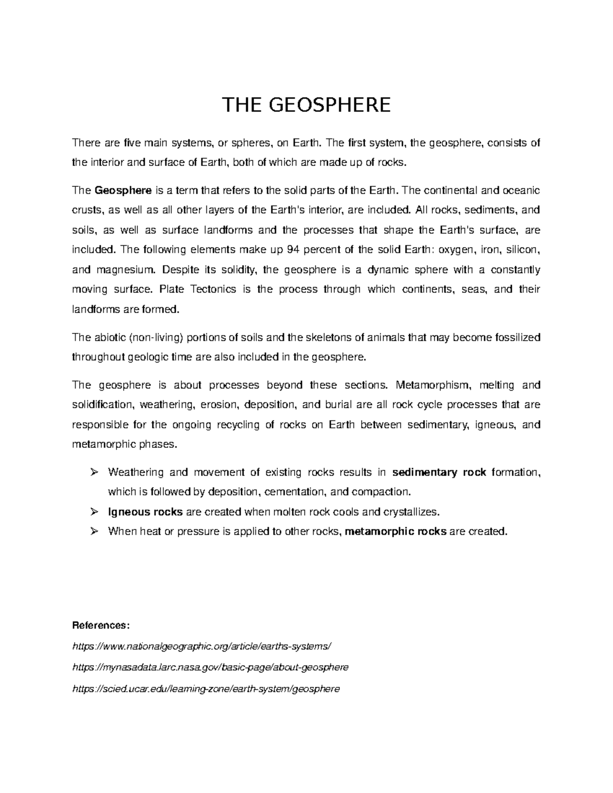 Research about Geosphere - Biology - OLFU - Studocu