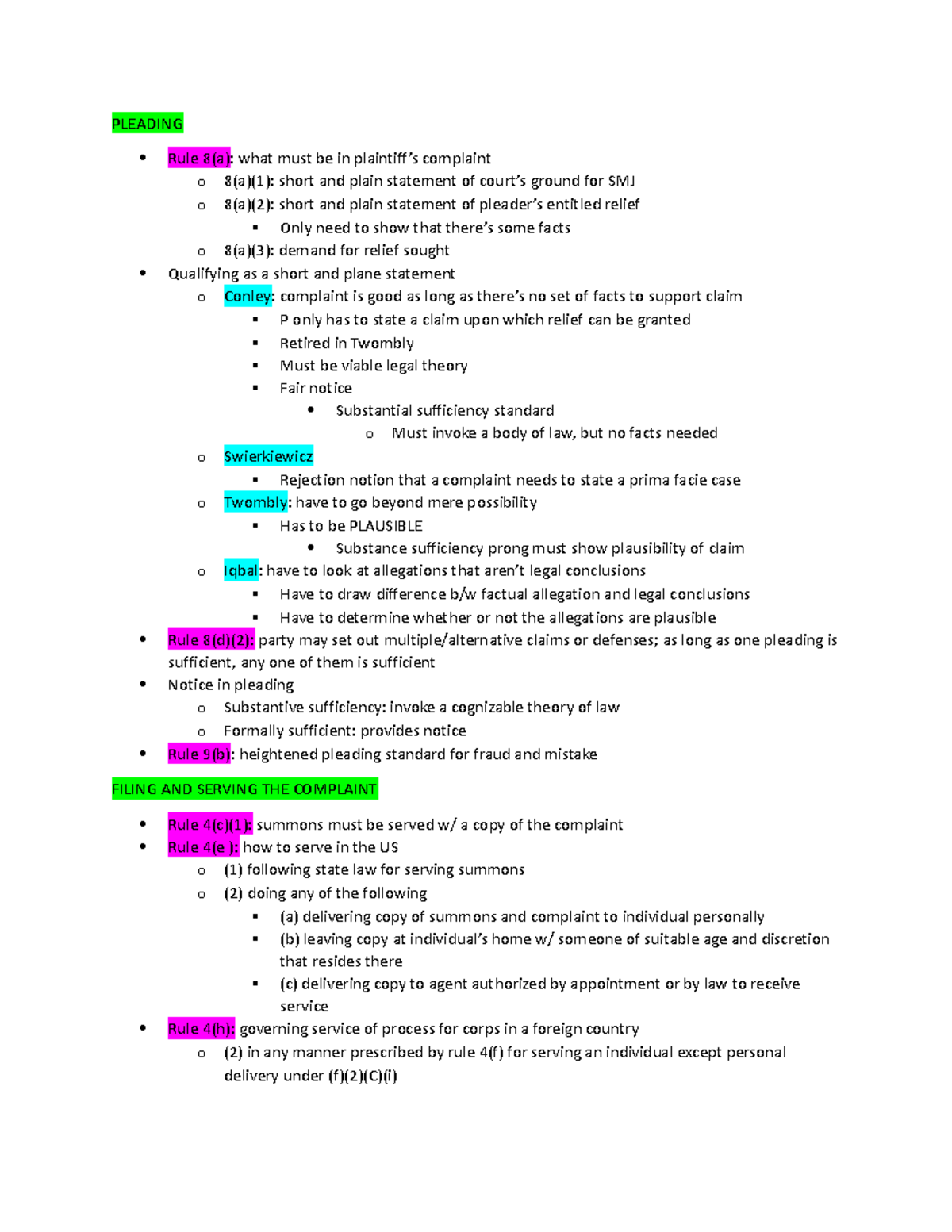 Outline Fall 2022 - PLEADING Rule 8(a): what must be in plaintiff’s ...