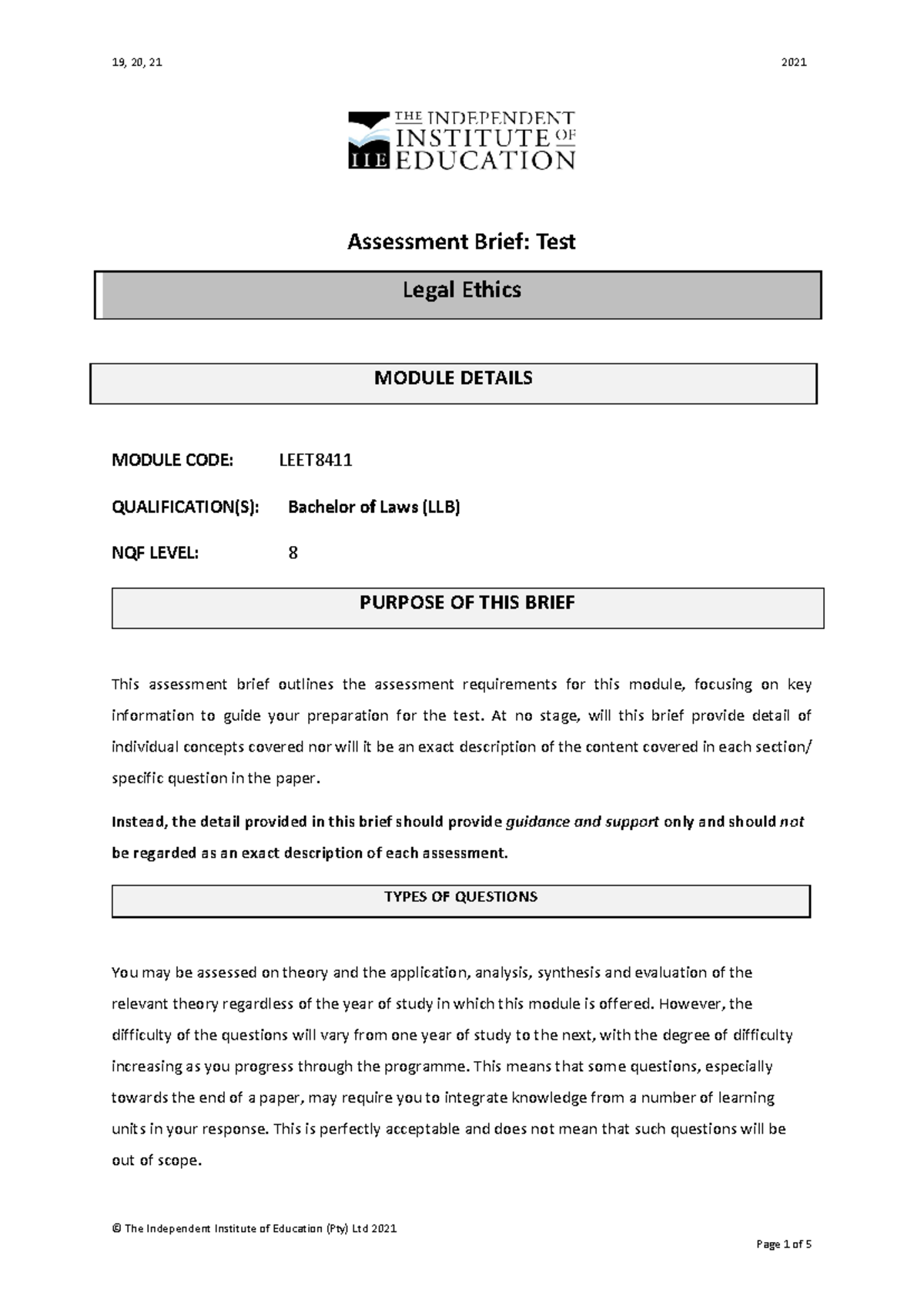 Formative Assessment Brief 1 - Assessment Brief: Test Legal Ethics ...