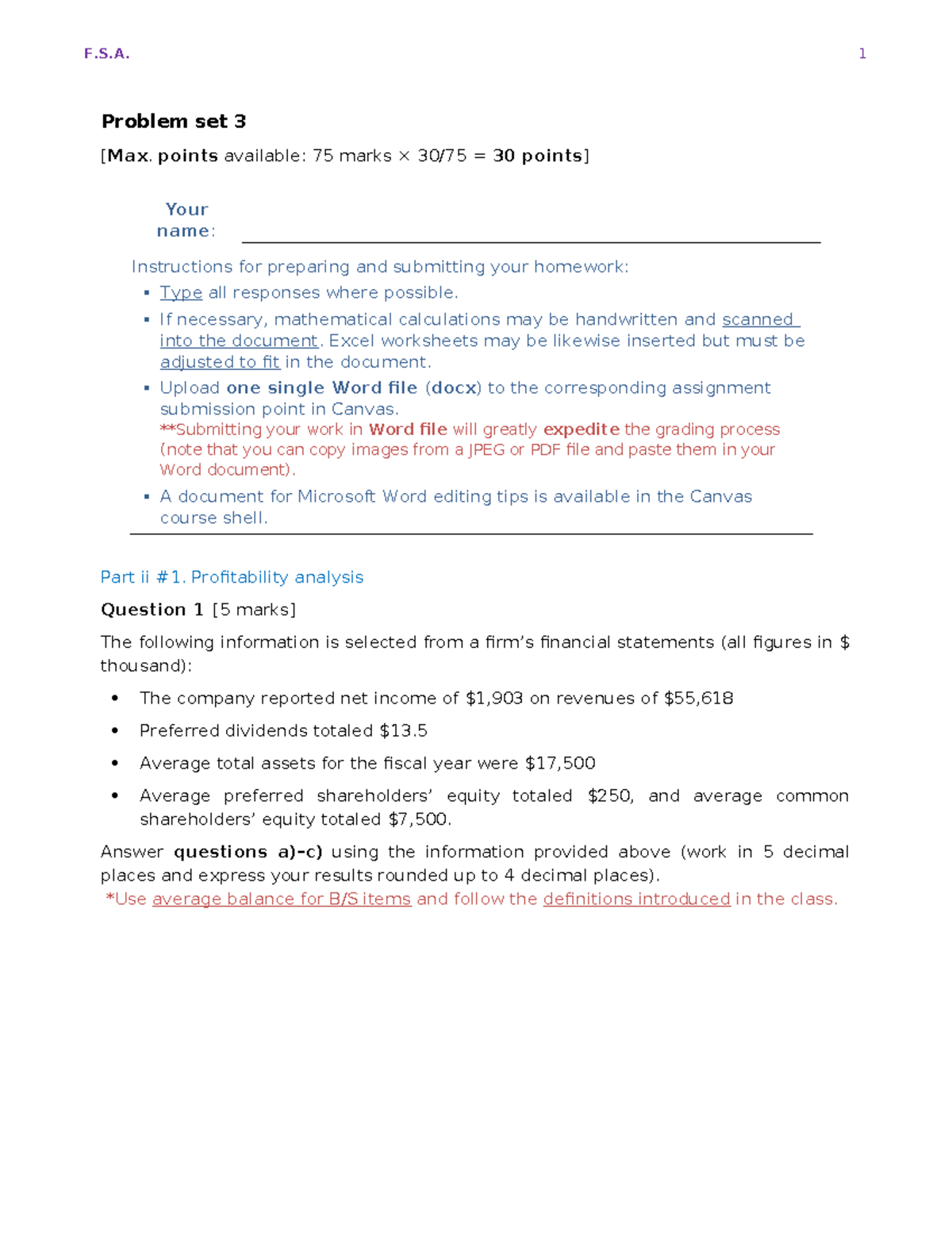 FSA-PS-3 - Homework Review - Problem set 3 [Max. points available: 75 marks × 30/75 = 30 points ...