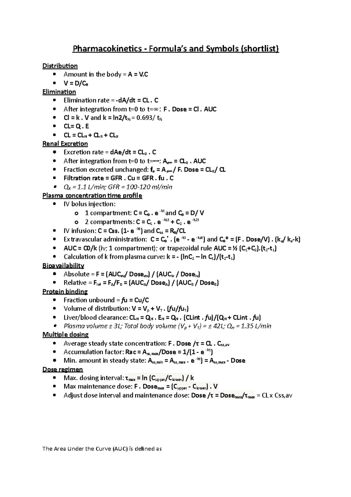 Overview PK formula's and symbols - Pharmacokineics - Formula’s and ...