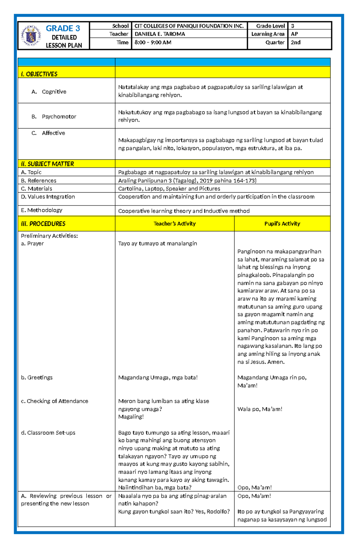 Detailed Lesson Plan - Araling Panlipunan - GRADE 3 DETAILED LESSON ...