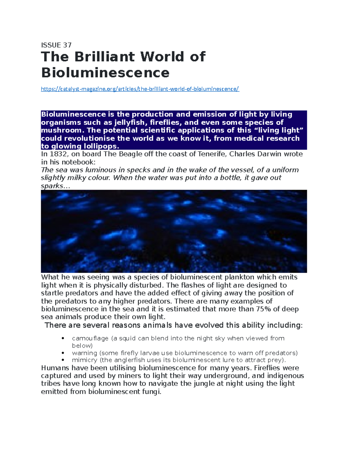 Bioluminescence - ISSUE 37 The Brilliant World of Bioluminescence - Studocu