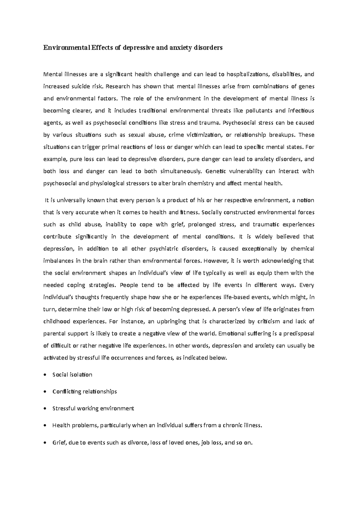 Environmental Effects of depressive and anxiety disorders - Research ...