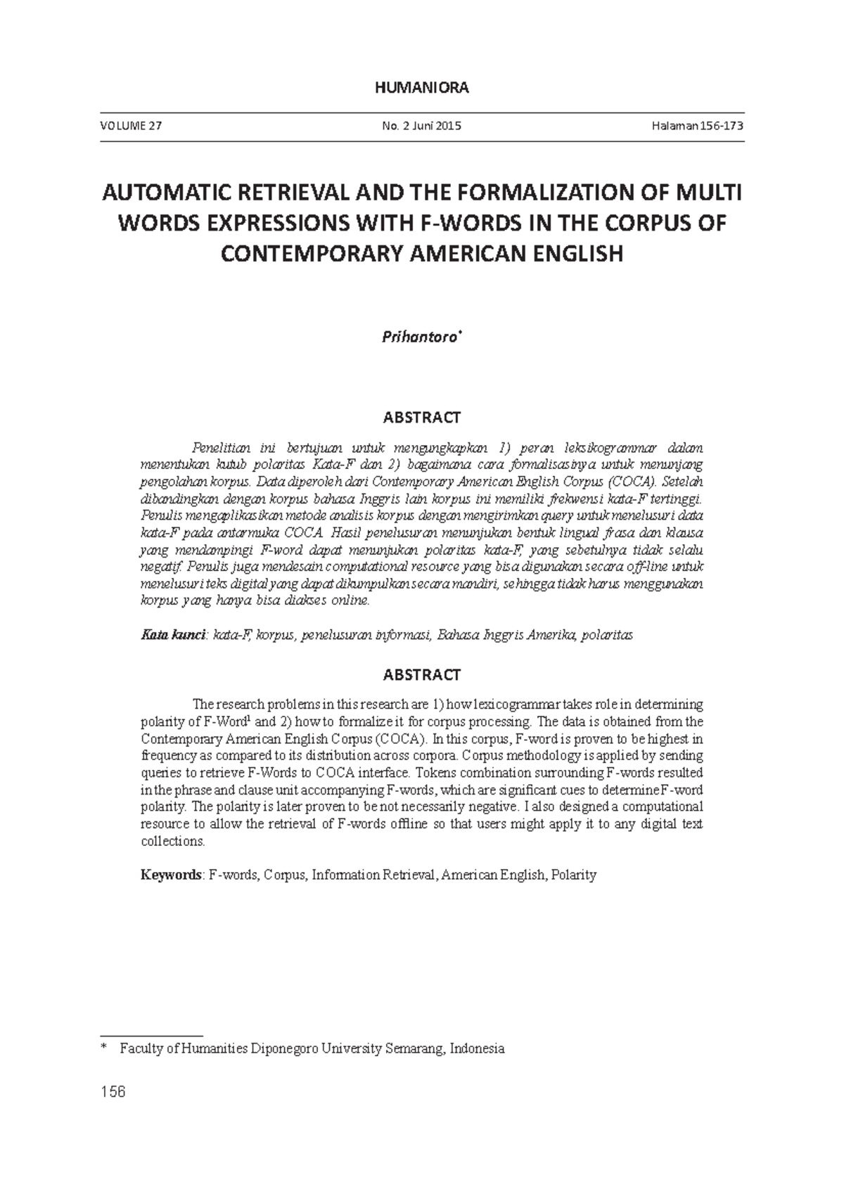 Automatic Retrieval AND THE Formalization OF Multi Words Expressions WITH F- Words IN THE Corpus ...