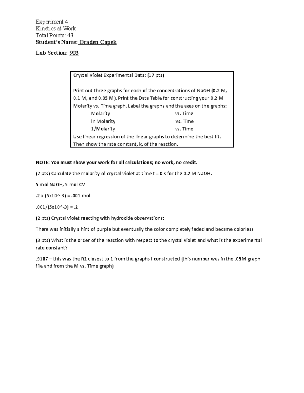 CHEM 110 L - Experiment 4 Kinetics at Work (completed assignment ...