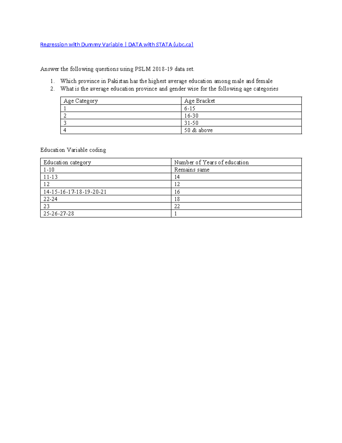 Lab Working - Regression with Dummy Variable | DATA with STATA (ubc) Answer the following ...
