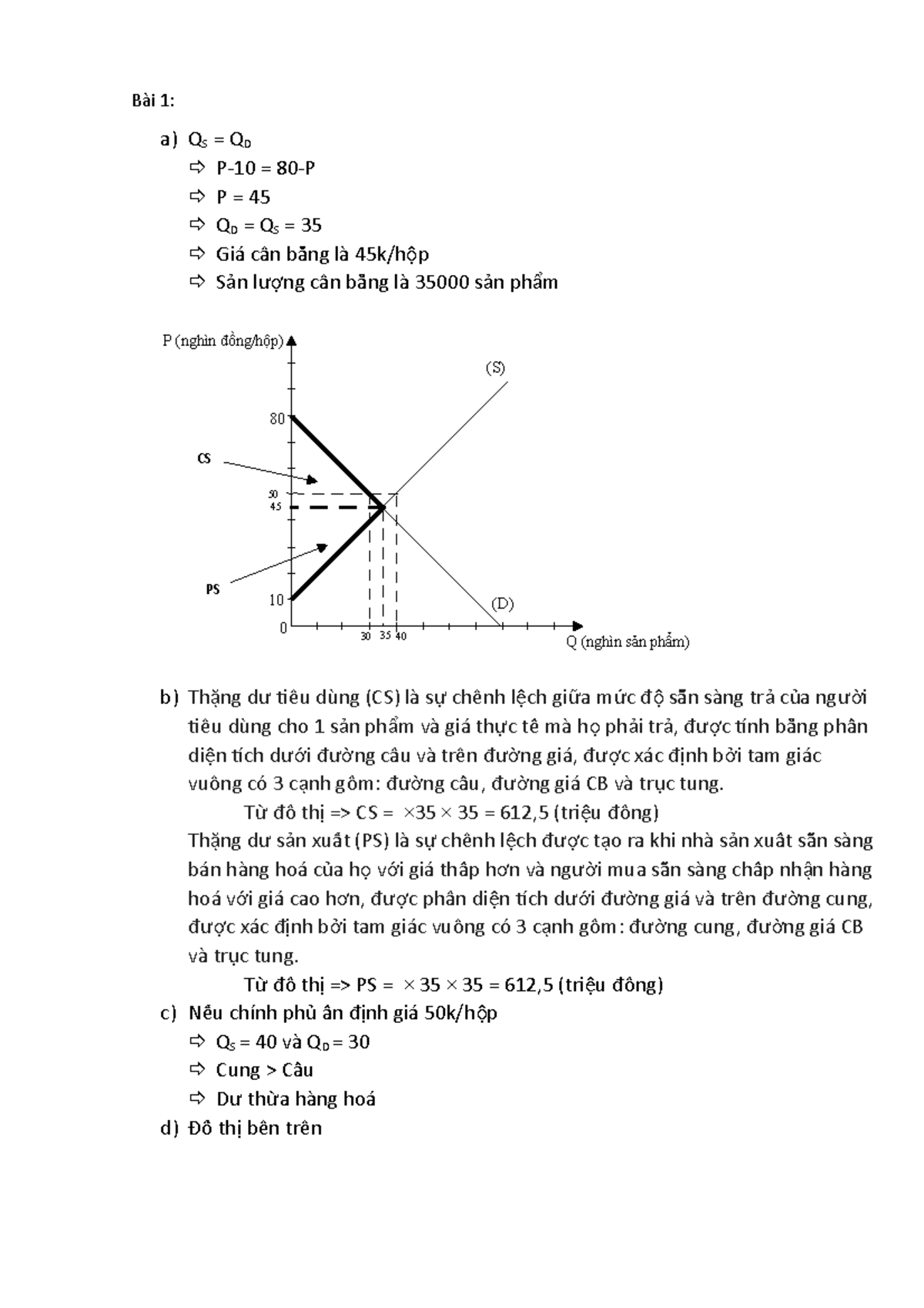 Búncá - ktvm - a) QS = QD P-10 = 80-P P = 45 QD = QS = 35 Giá cân bằằng ...
