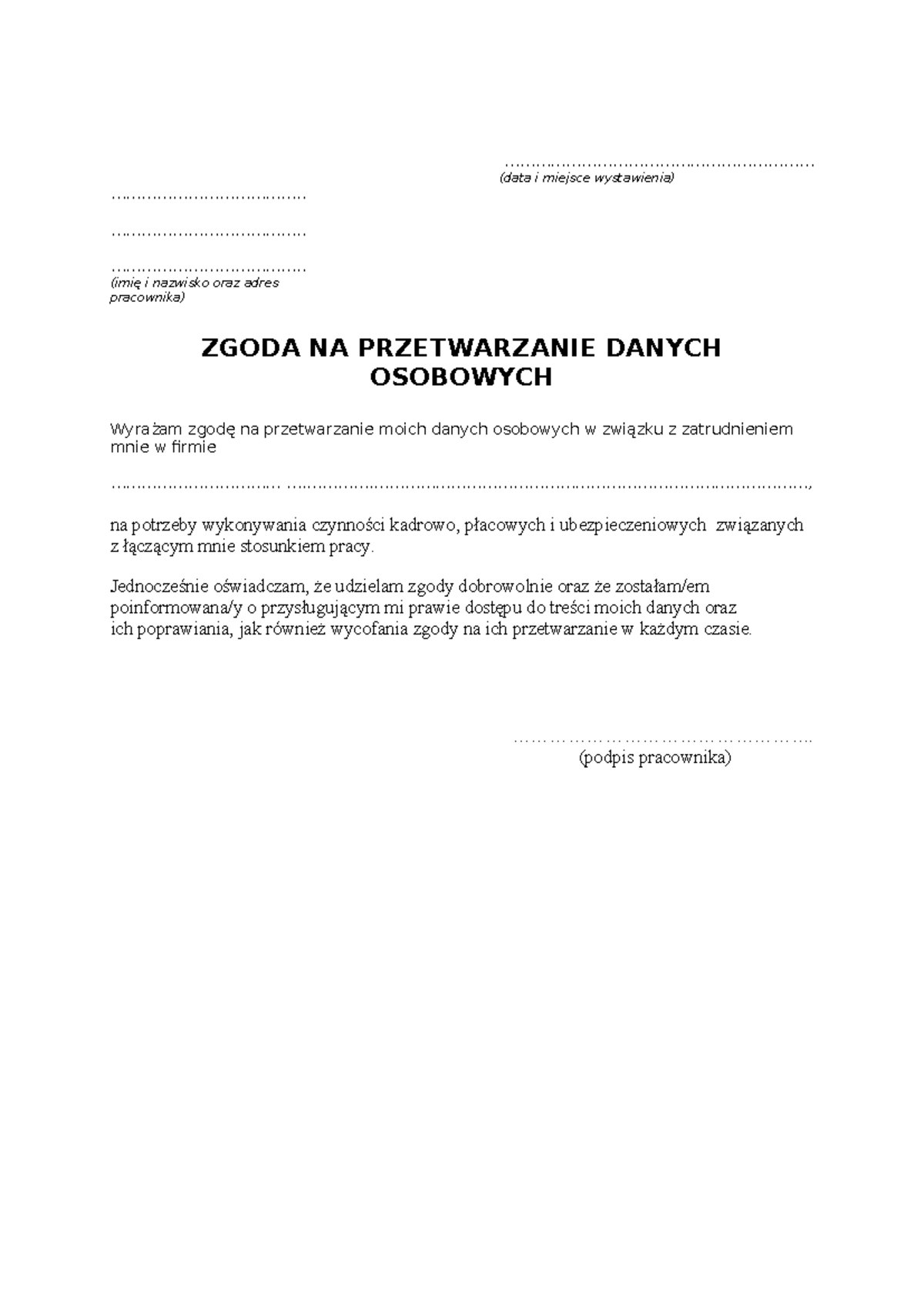 RODO Zgoda na przetwarzanie danych pracownika 1 - - Studocu