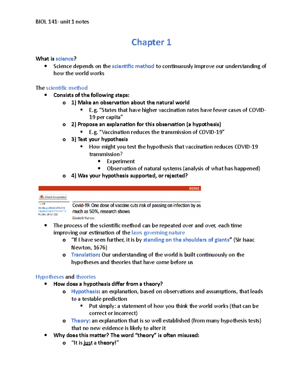 BIO 141 unit 1 notes - Chapter 1 What is science? Science depends on ...