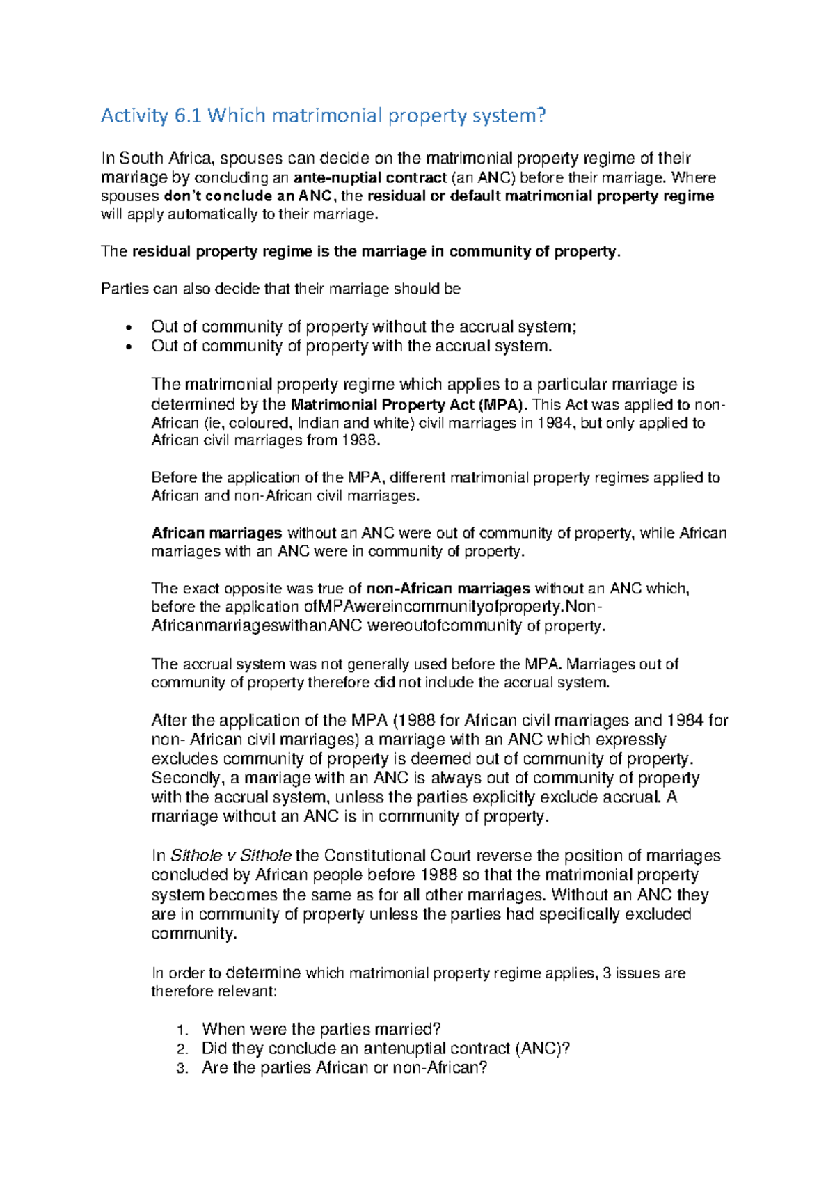Activity 6.1 Family law - Activity 6 Which matrimonial property system ...