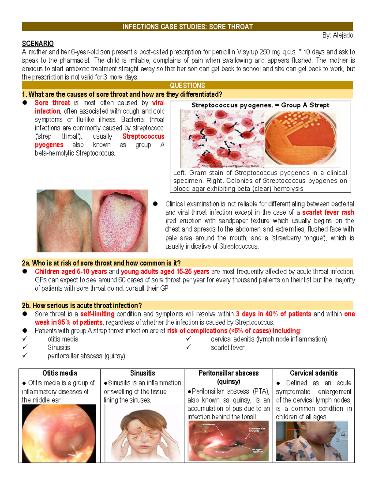 ALL topics PCOL LAB Finals - INFECTIONS CASE STUDIES: SORE THROAT By: Alejado SCENARIO A mother ...