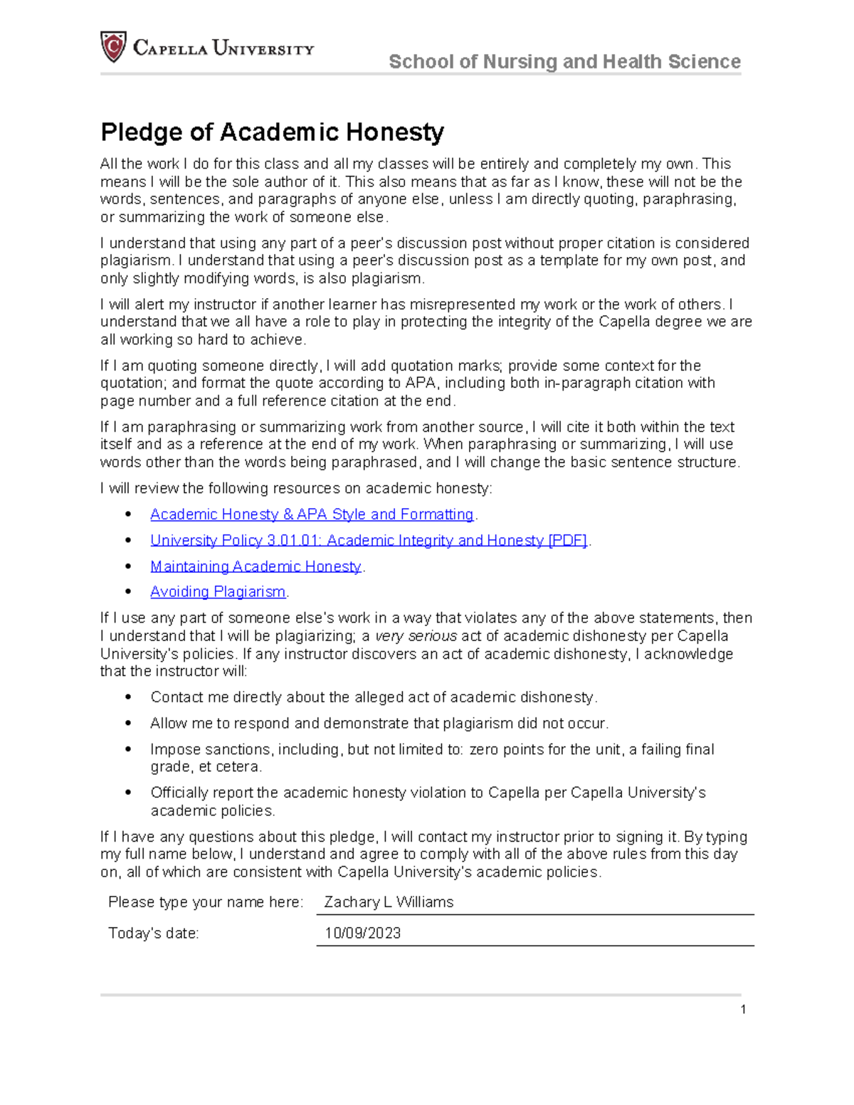 Capella University Academic Honesty Pledge - School of Nursing and ...