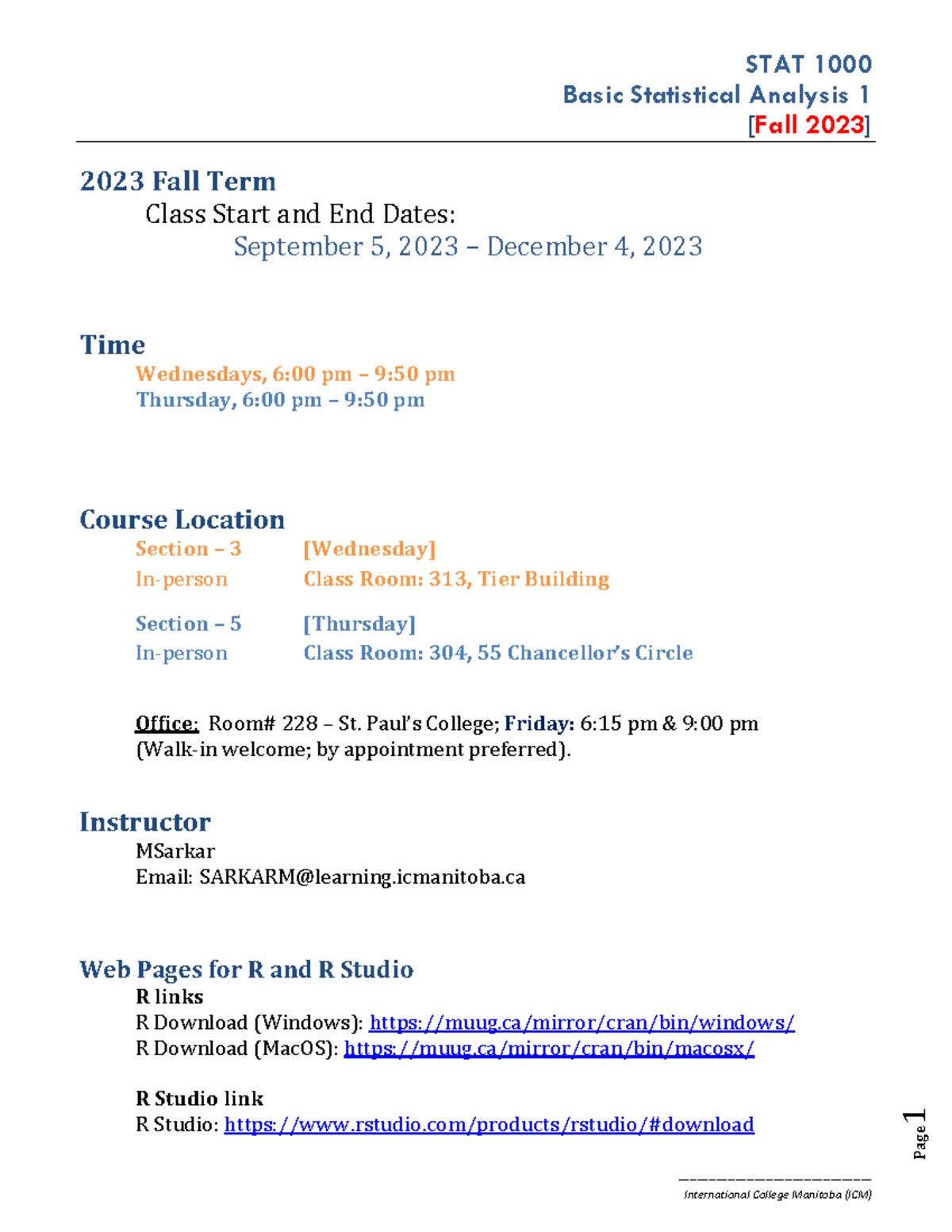 Course Outline and Syllabus STAT 1000 Fall-2023 V3 - Basic Statistical ...