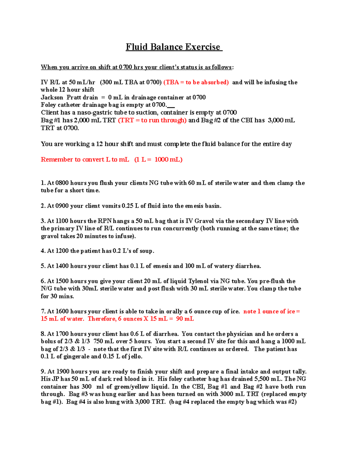Fluid Balance #2 (answers for the students) - Fluid Balance Exercise ...