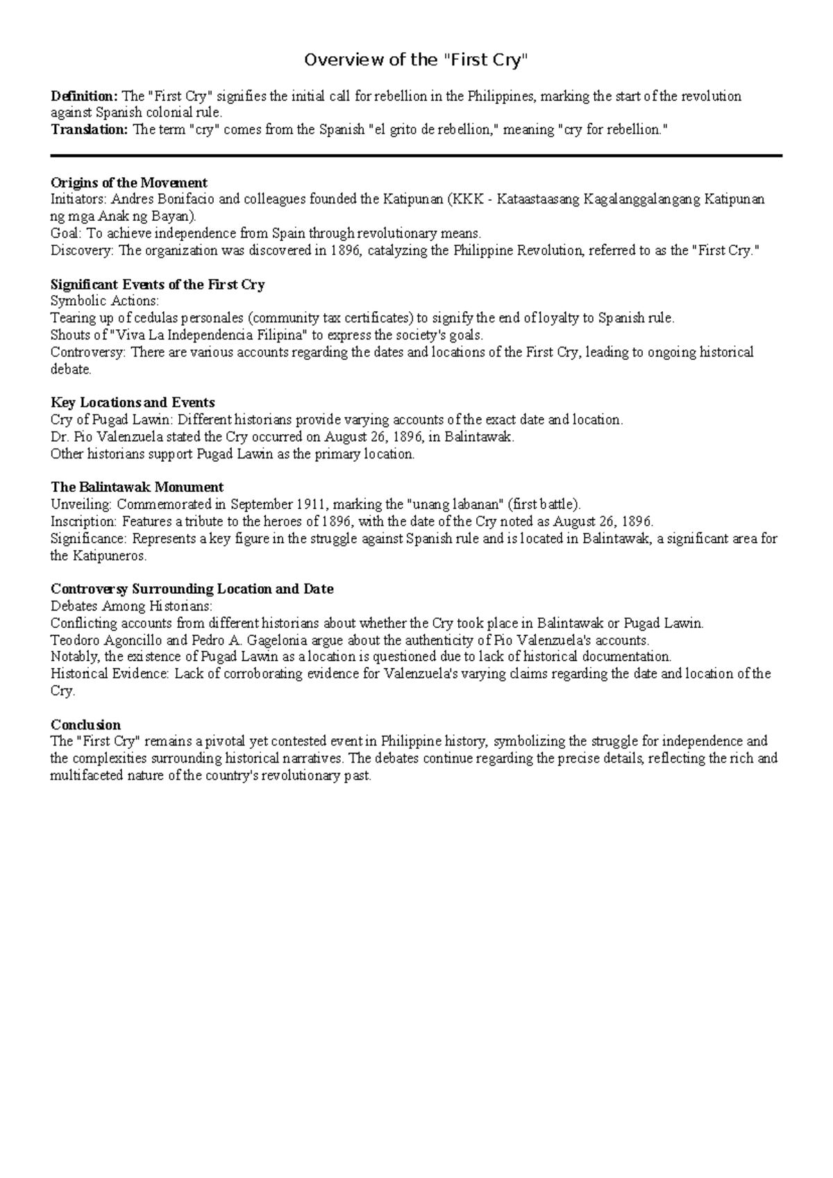Balintawak or Pugad Lawin - Overview of the "First Cry" Definition: The ...