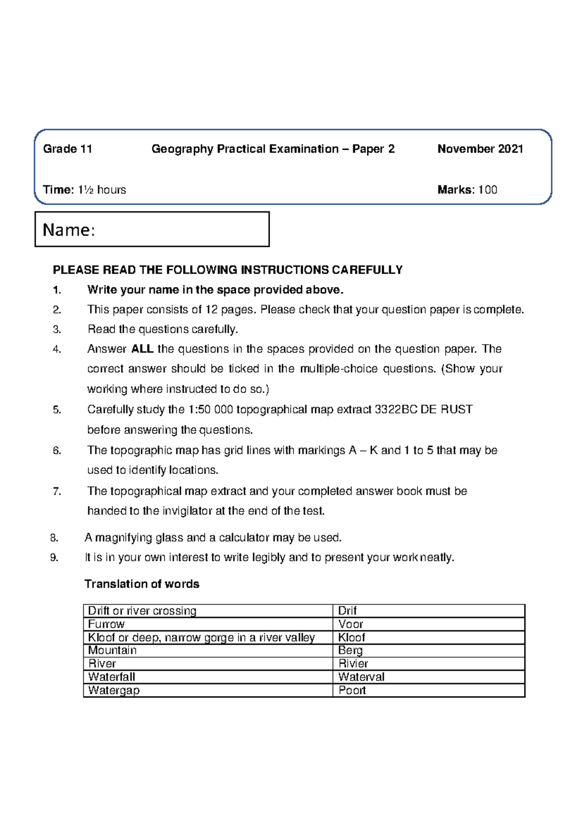 Gr 11 Geography Practical Examination – Paper 2 November 2021 - Grade ...