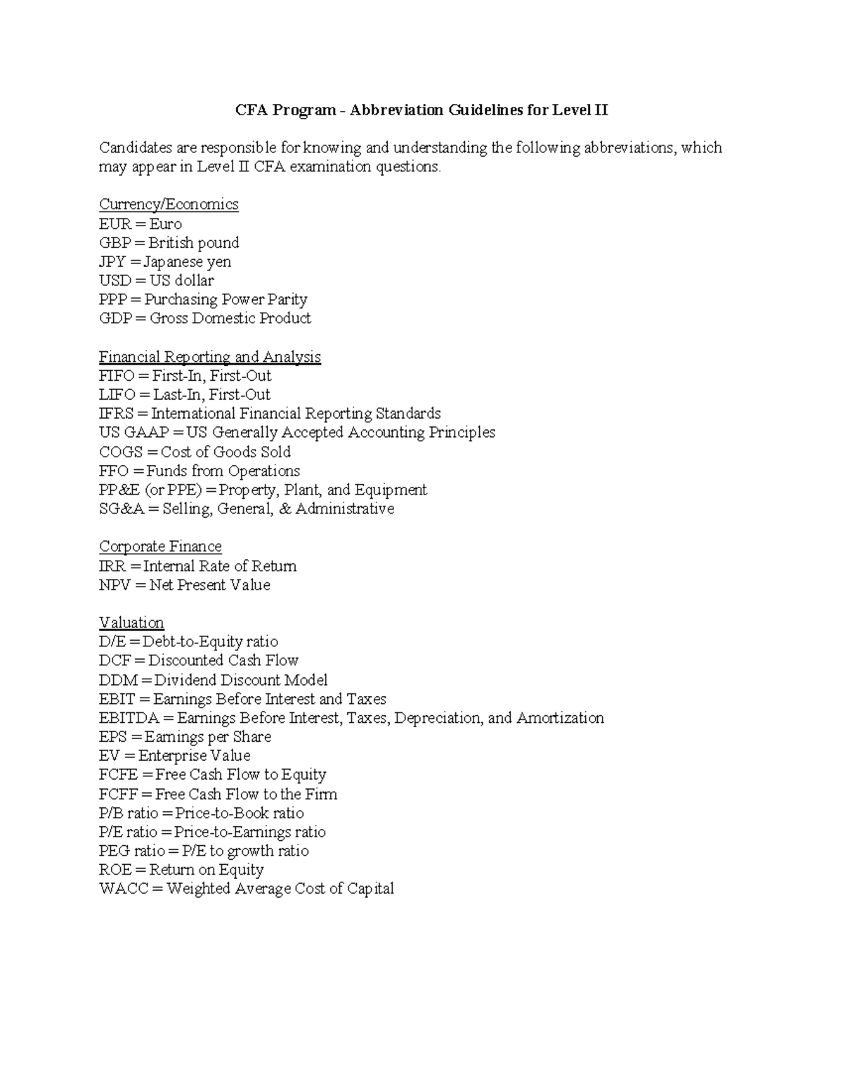 Cfa program level II common abbreviations - International Economics ...