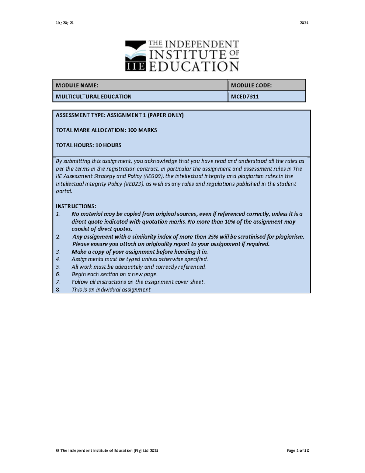 Assignment 1 - MODULE NAME: MODULE CODE: MULTICULTURAL EDUCATION MCED ...