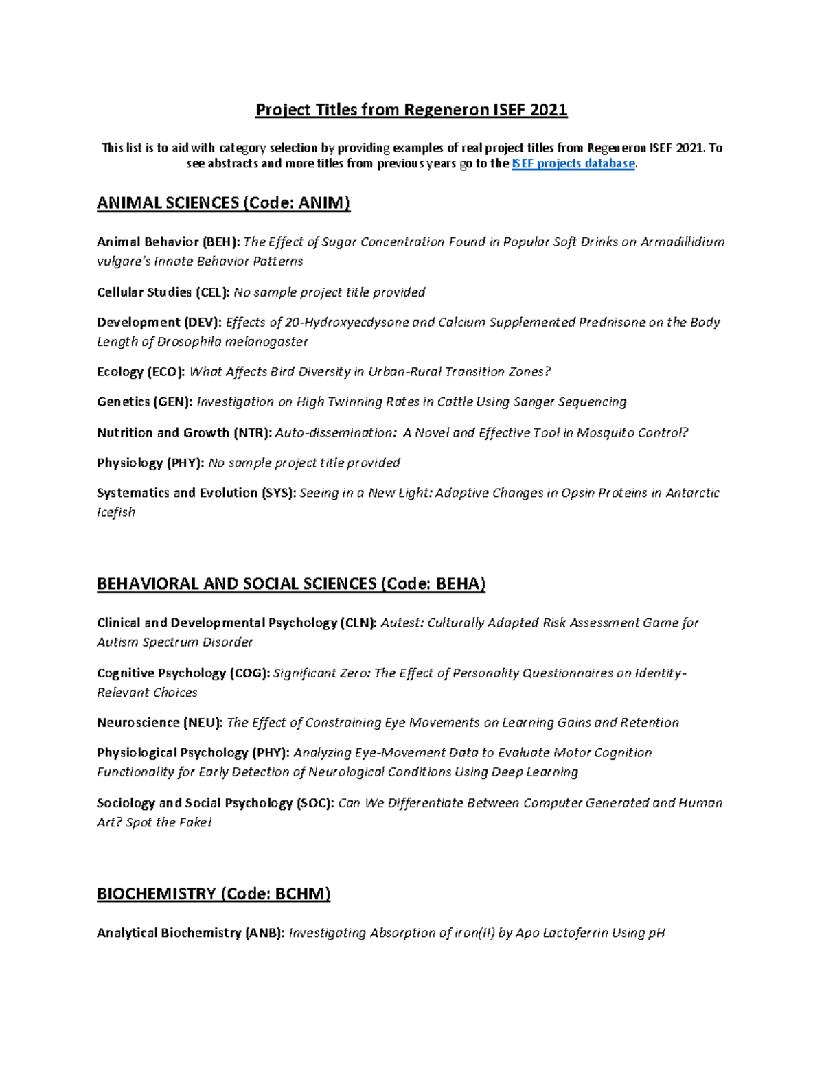 Project Titles from Regeneron ISEF 2021 - To see abstracts and more ...