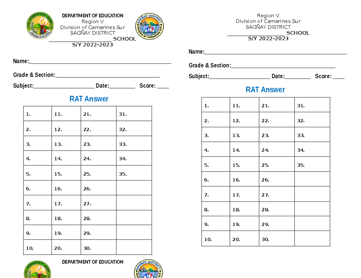 RAT answer sheet grade 6 2 - DEPARTMENT OF EDUCATION Region V Division ...
