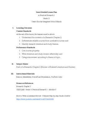 Grade 11 Research Chapter 2 - Semi-Detailed Lesson Plan in Practical ...