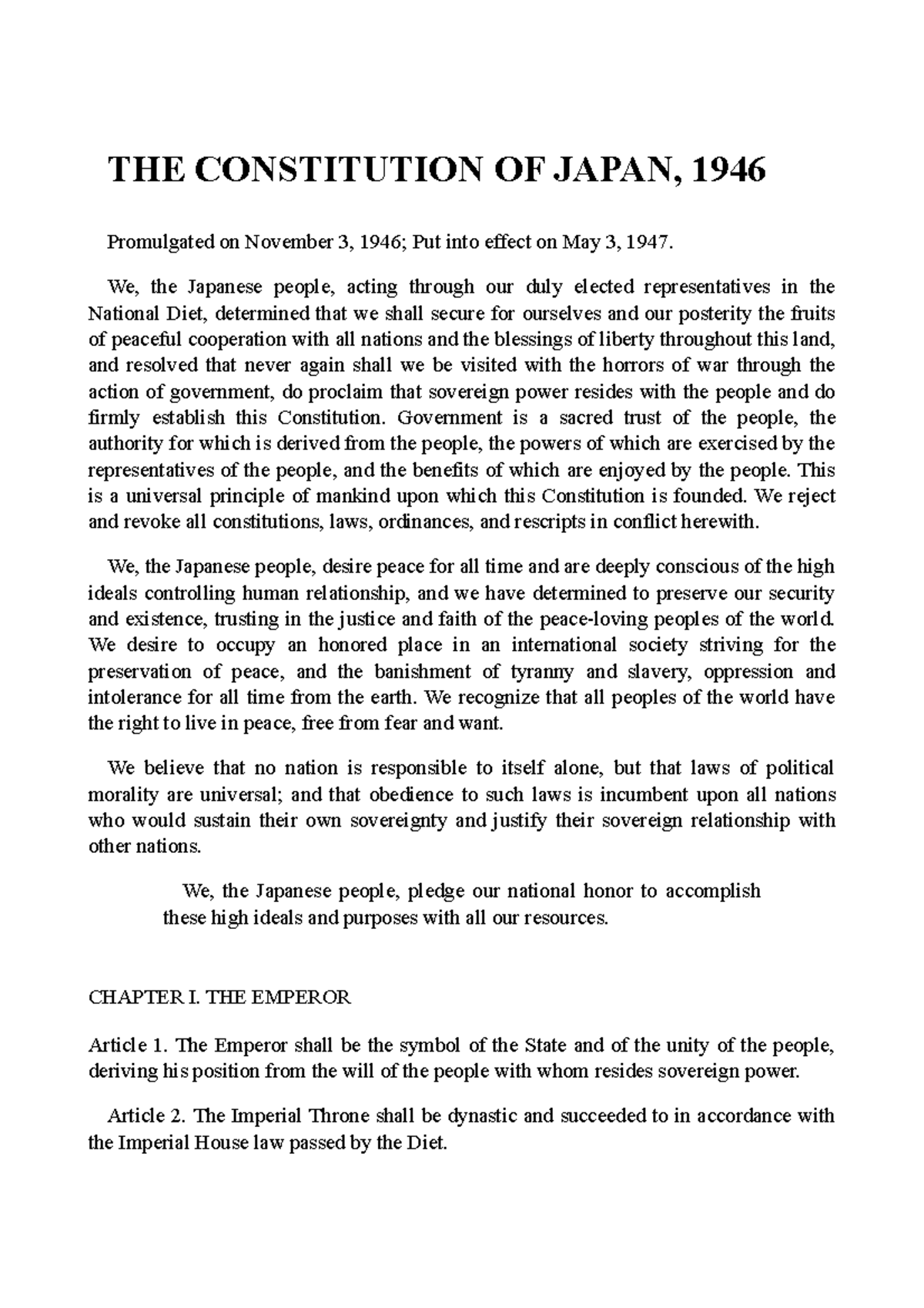 The Costitution of Japan - THE CONSTITUTION OF JAPAN, 1946 Promulgated ...