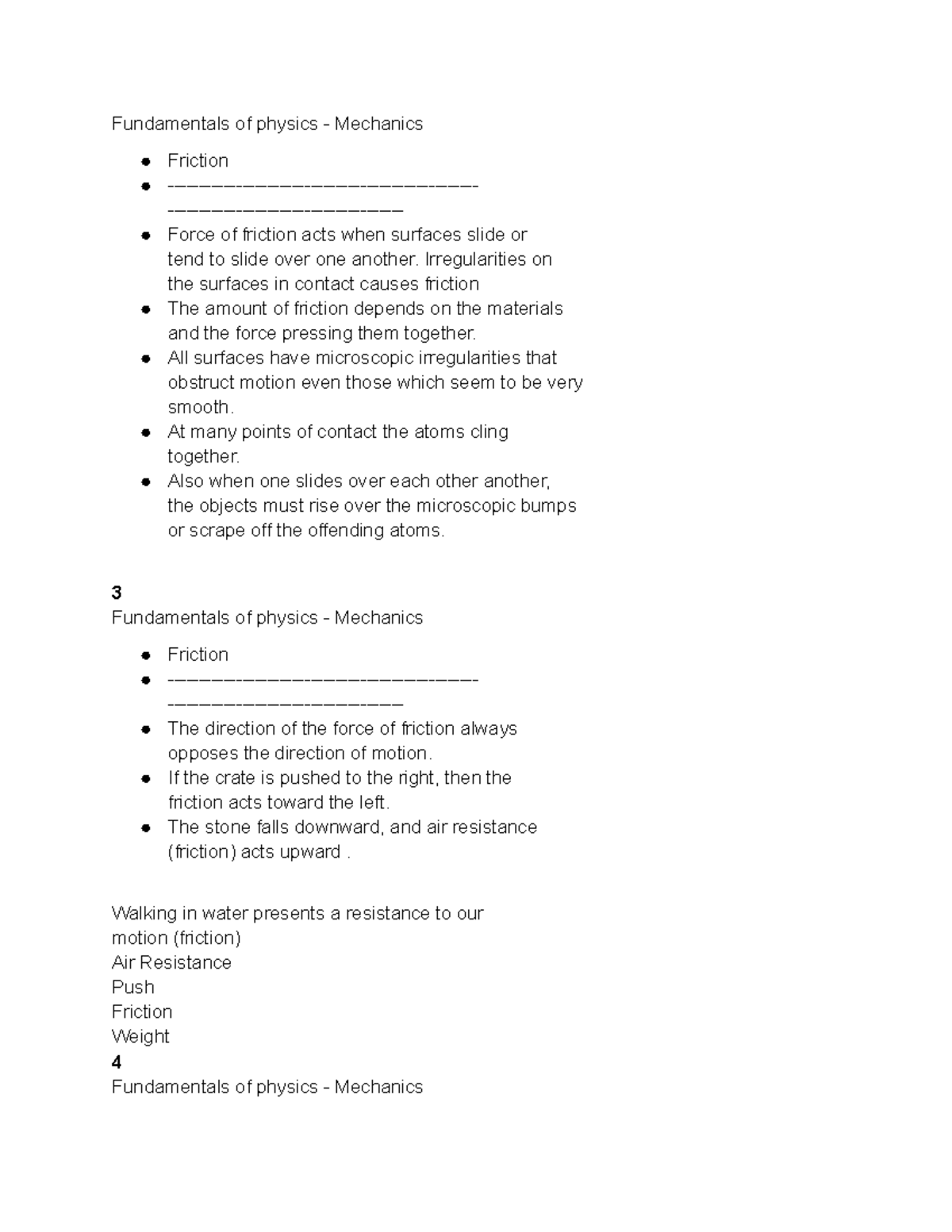 Motion and Forces - Fundamentals of physics - Mechanics Friction ...