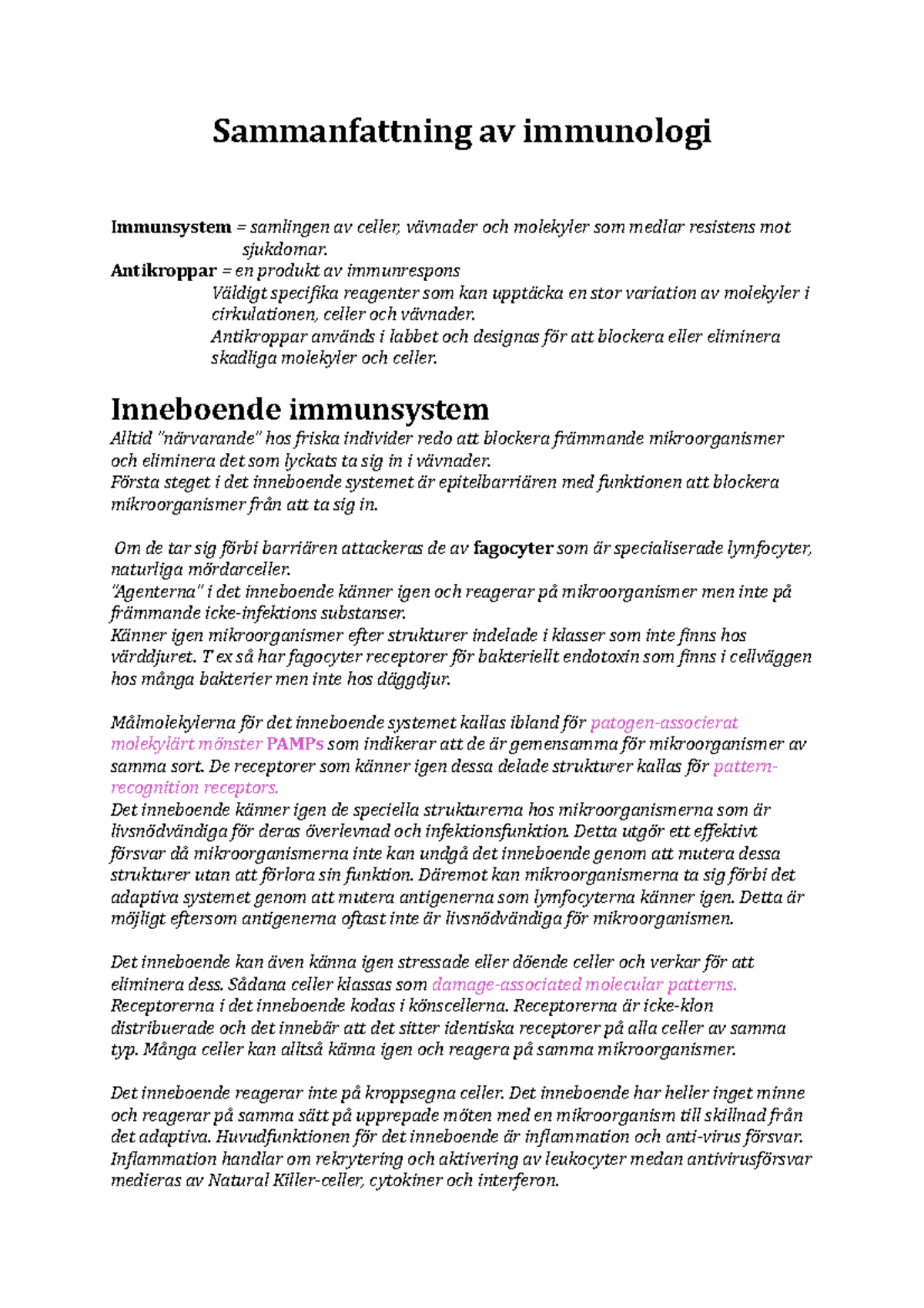 Immunologi sammanfattning - Sammanfattning av immunologi Immunsystem ...