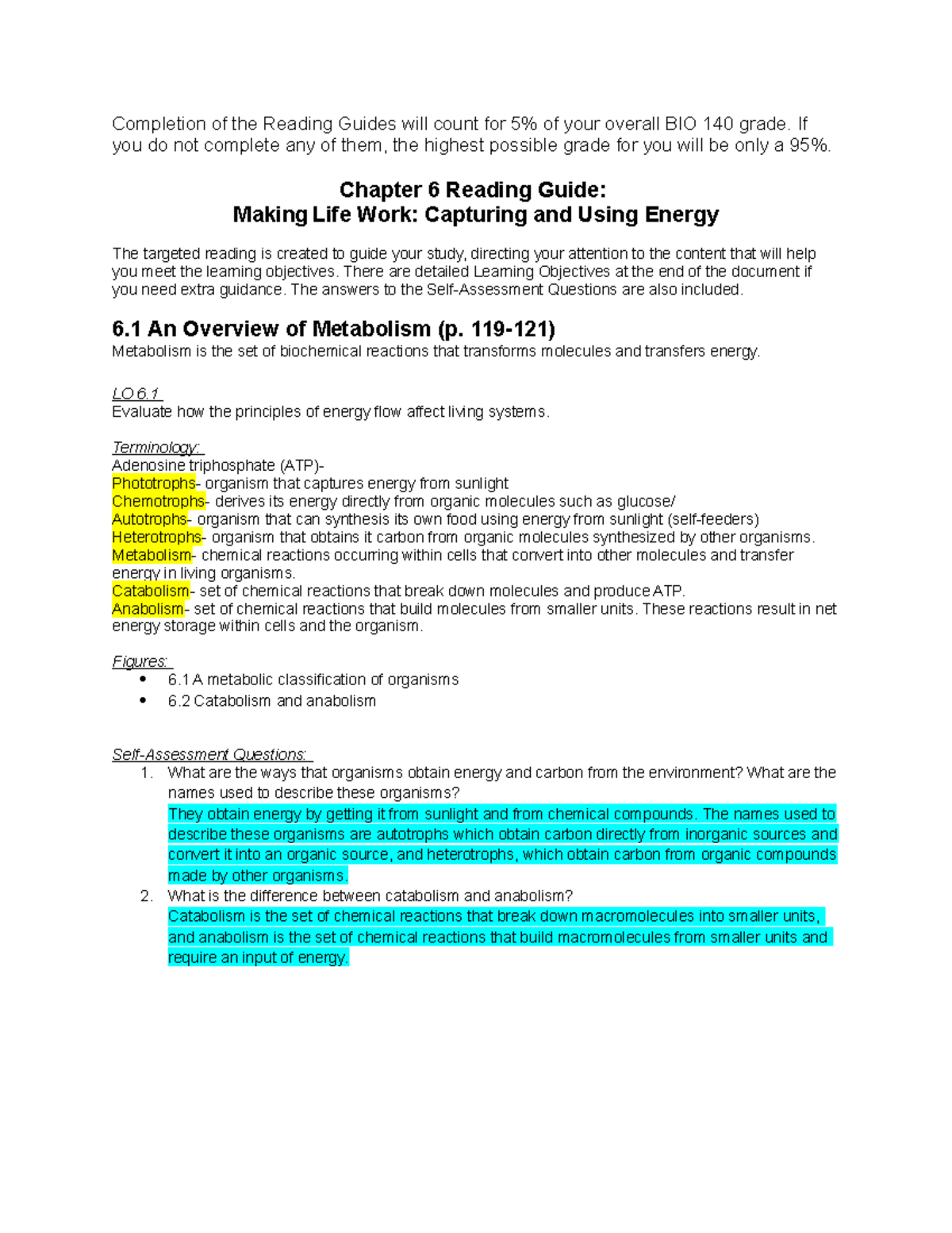Ch 6 reading guide - Completion of the Reading Guides will count for 5% ...