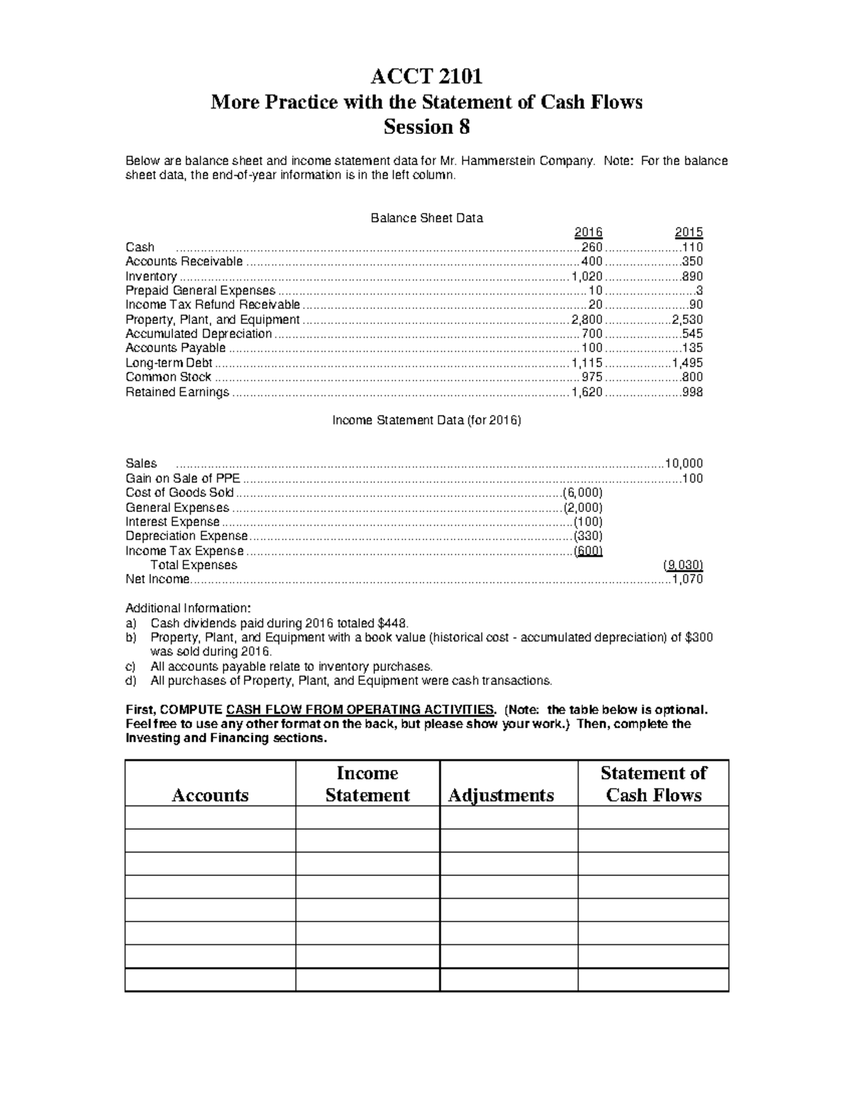 Session 8 Handout - 13213 - ACCT 2101 More Practice with the Statement ...