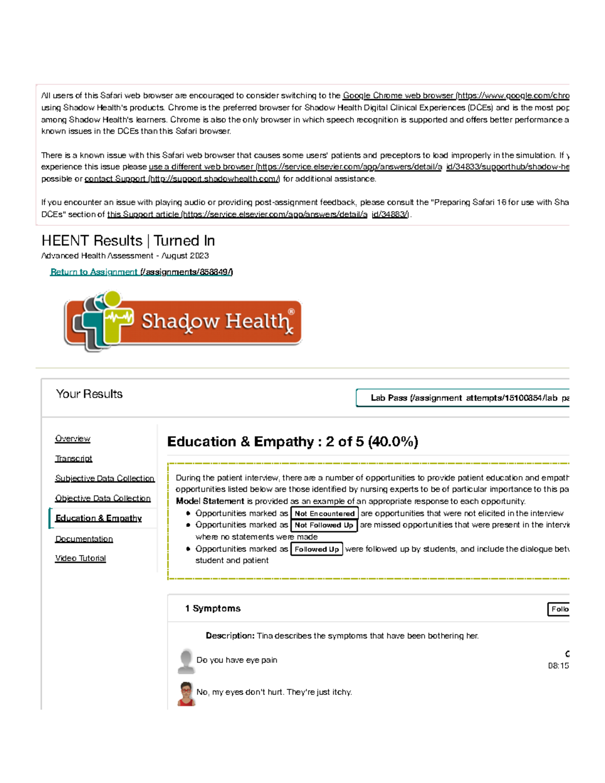Education and Sympathy -Shadow Health HEENT - HEENT Results | Turned In ...