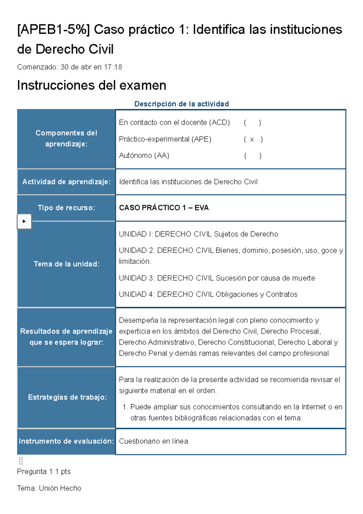 Examen [APEB 1-5%] Caso práctico 1 Identifica las instituciones de Derecho Civil - [APEB1-5% ...