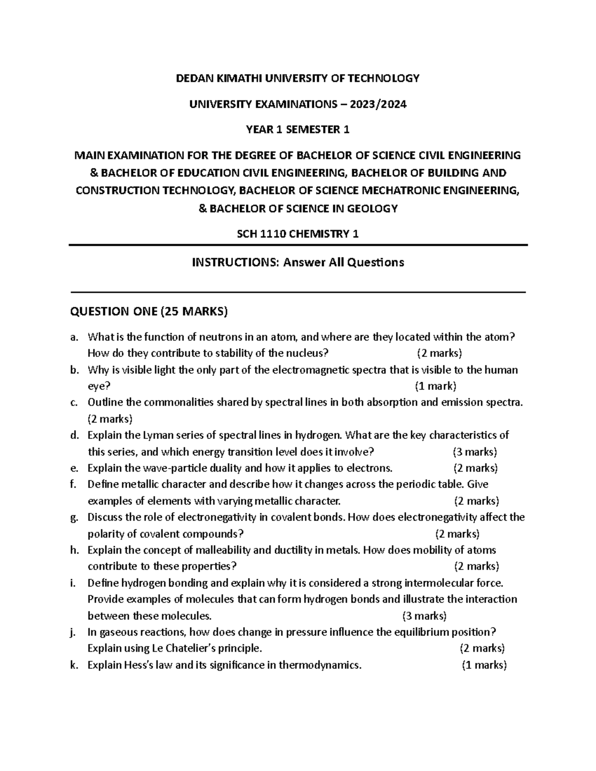 SCH 1110 chemistry 1 - DEDAN KIMATHI UNIVERSITY OF TECHNOLOGY ...