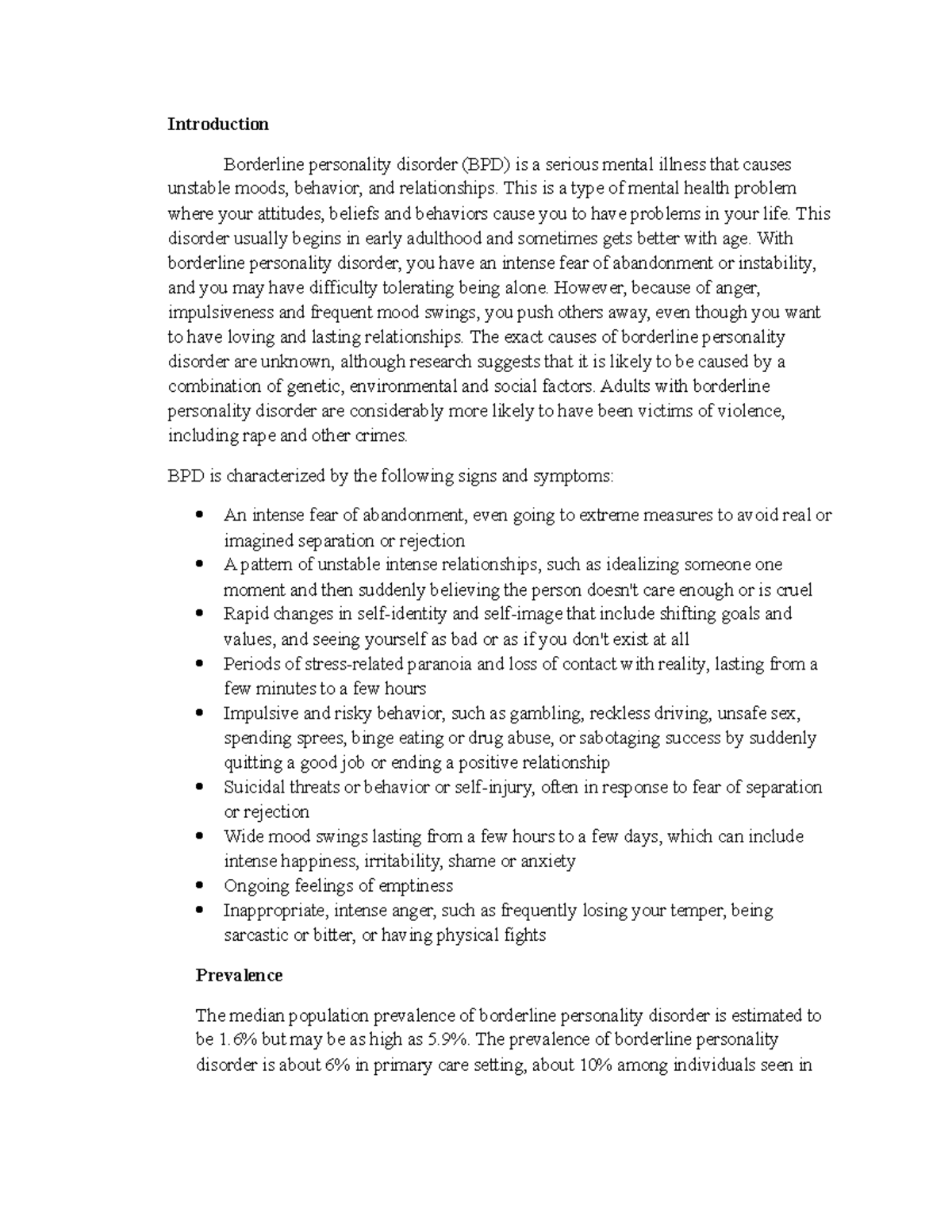 Assignment of Rafay - Introduction Borderline personality disorder (BPD ...