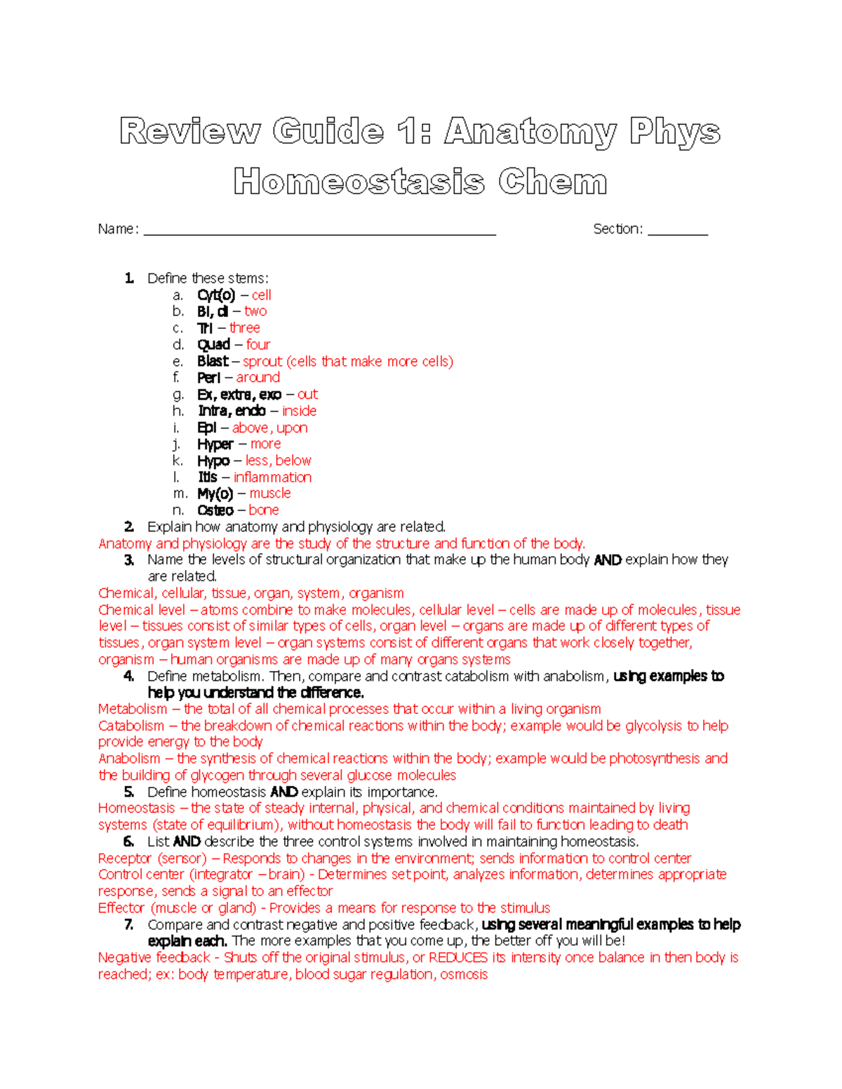 Review Guide 1 Anat Phys and Homeostasis 1 - Name