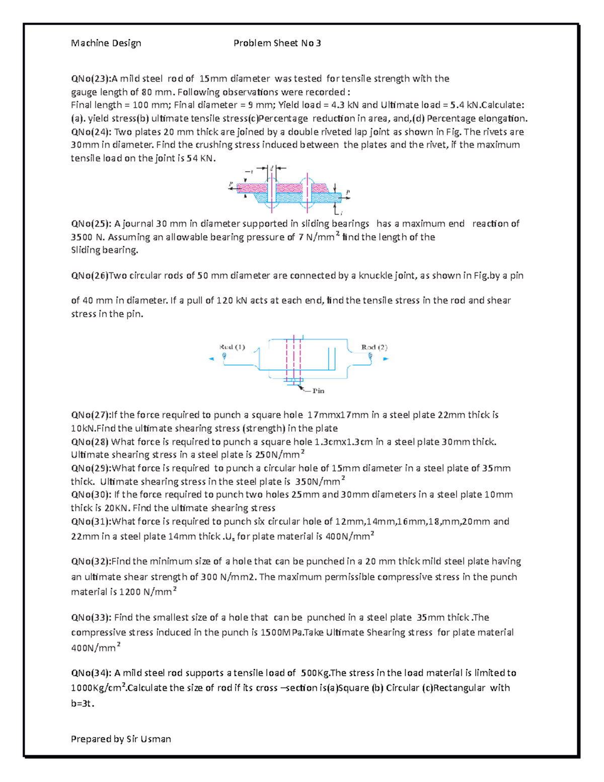 Machine design 3 - Lecture notes 2 - Machine Design Problem Sheet No 3 ...