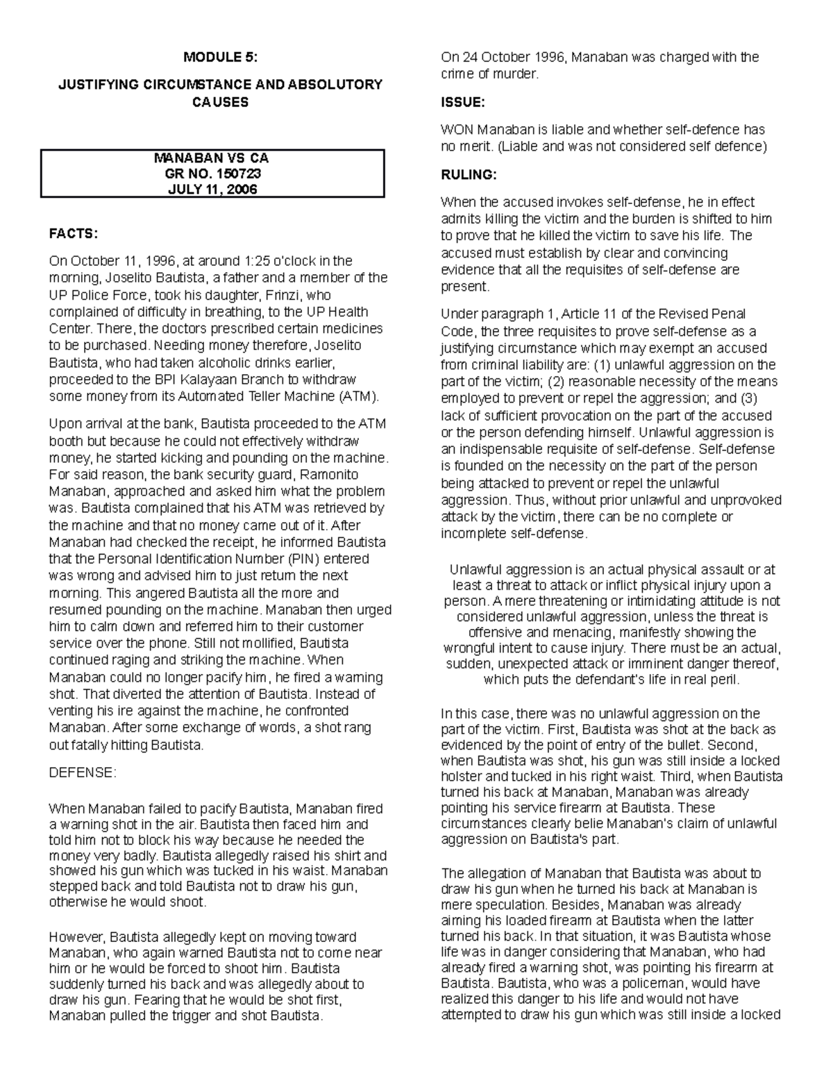 CRIM1 CASE Digests - Module 5 - MODULE 5: JUSTIFYING CIRCUMSTANCE AND ...