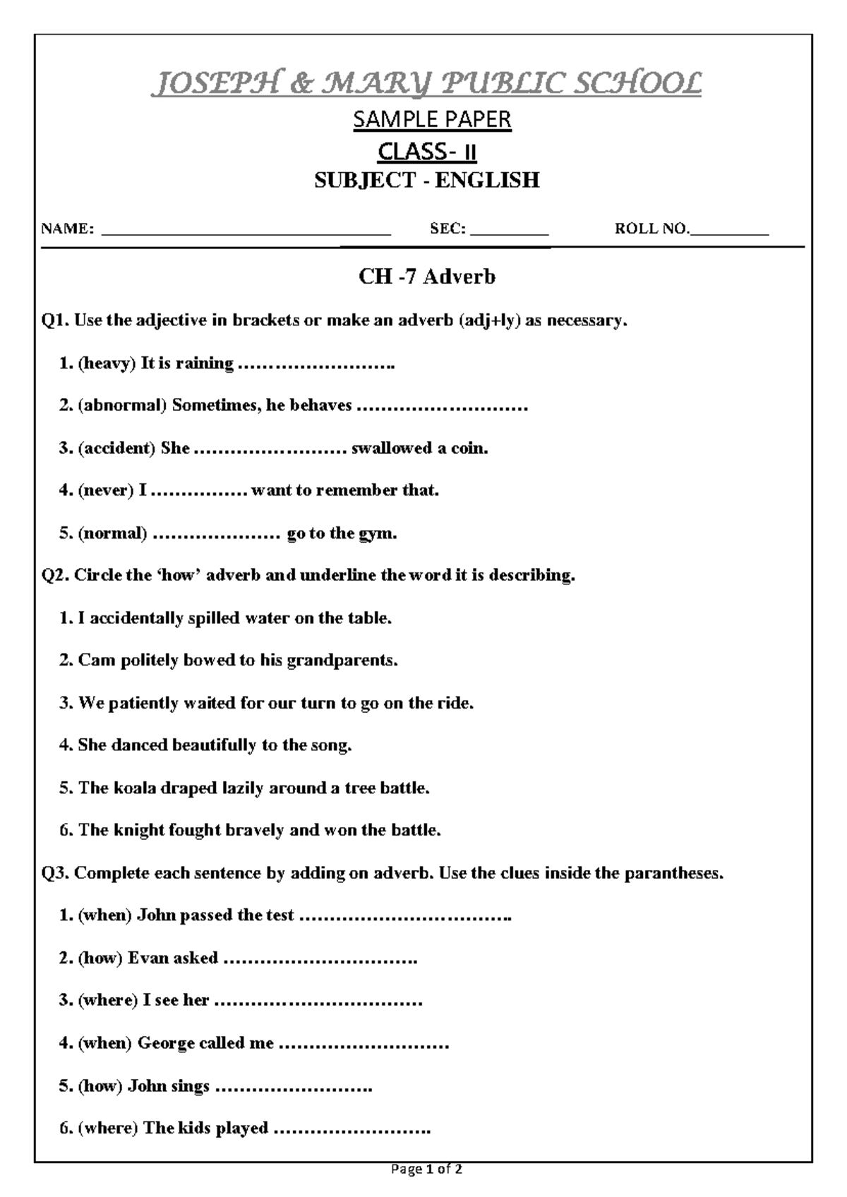 Class 2 sample paper ch-7 Adveb - Page 1 of 2 JOSEPH & MARY PUBLIC ...