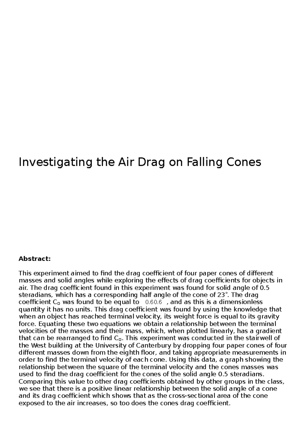 Air Drag on Falling Cones – Experiment copy - Investigating the Air Drag on Falling Cones ...
