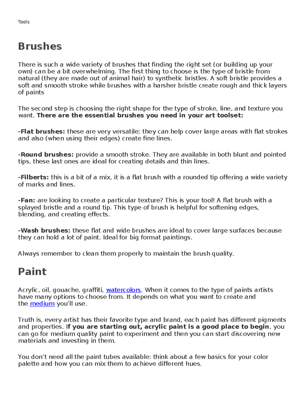 Tools FOR Visual ARTS 1 - Notes - Tools Brushes There is such a wide ...