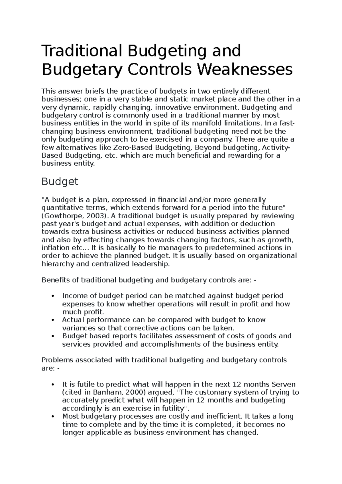 Traditional Budgeting and Budgetary Controls Weaknesses - Traditional ...