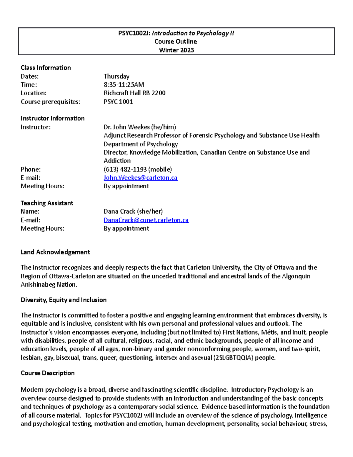 PSYC1002J: Introduction to Psychology II Course Outline Winter 2023 ...