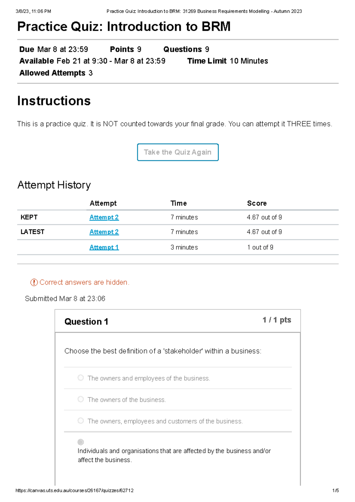 Practice Quiz Introduction to BRM 31269 Business Requirements Modelling 2 - Autumn 2023 ...