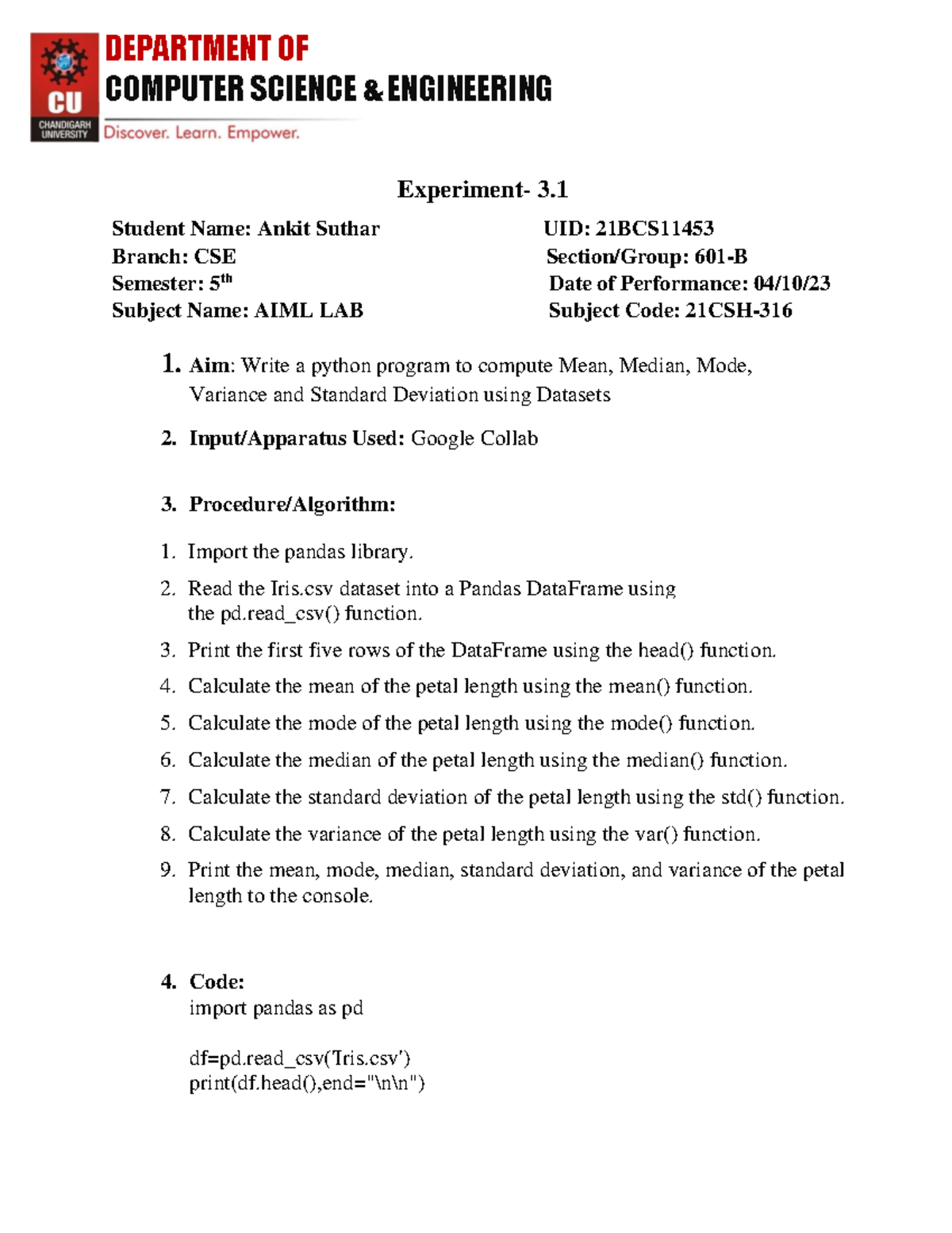 Ankit Aiml 8 - DEPARTMENT OF COMPUTER SCIENCE & ENGINEERING Experiment- 3. Student Name: Ankit ...